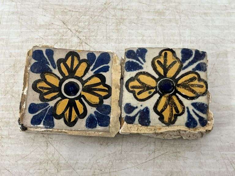 Hand Painted older Mexican tiles, central picture/border, residue on ...
