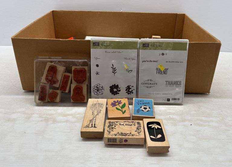 Rubber stamps, ink, and many different styles/sizes, cases- up to 7 1/2 ...