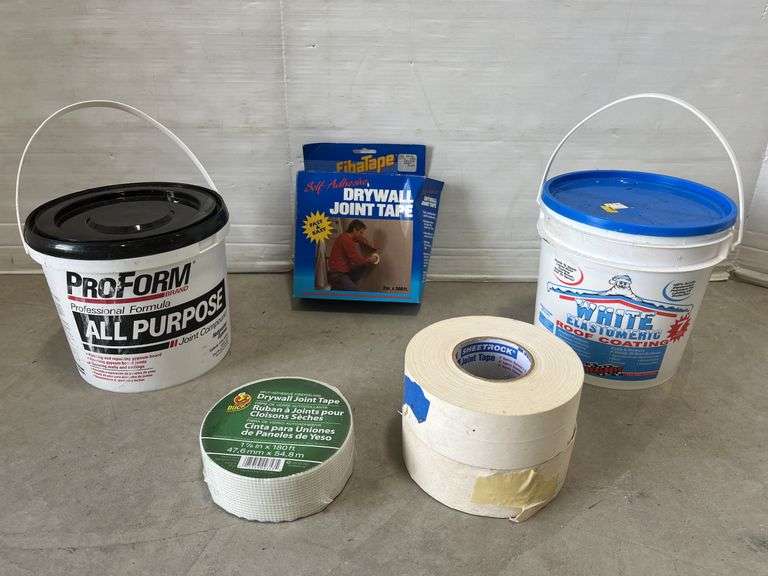 Bucket of joint compound, (4) Rolls of joint tape and Bucket of white ...