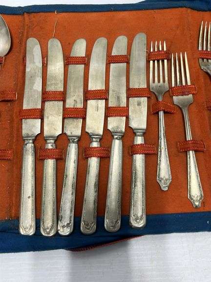 Older silverware set in case, marked nickel silver, case- 10 3/4"H ...