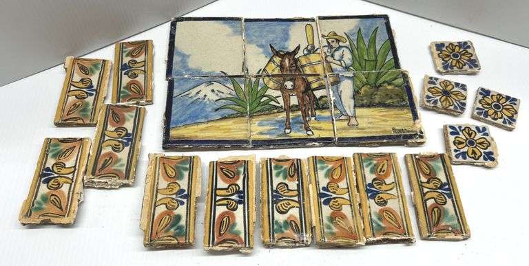 Hand Painted older Mexican tiles, central picture/border, residue on ...
