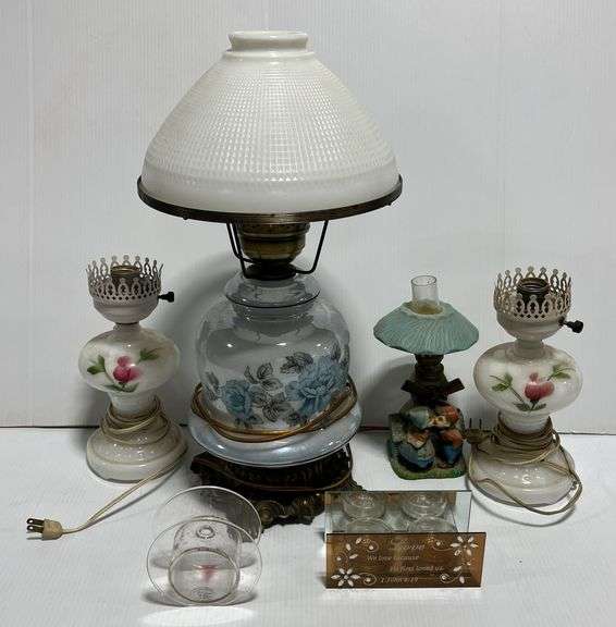 (2) White hobnail lamps, dual light lamp (base lights), kerosene light ...