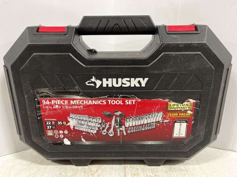 Husky 94-piece mechanics tool set in storage/carry case, includes 3/8 ...