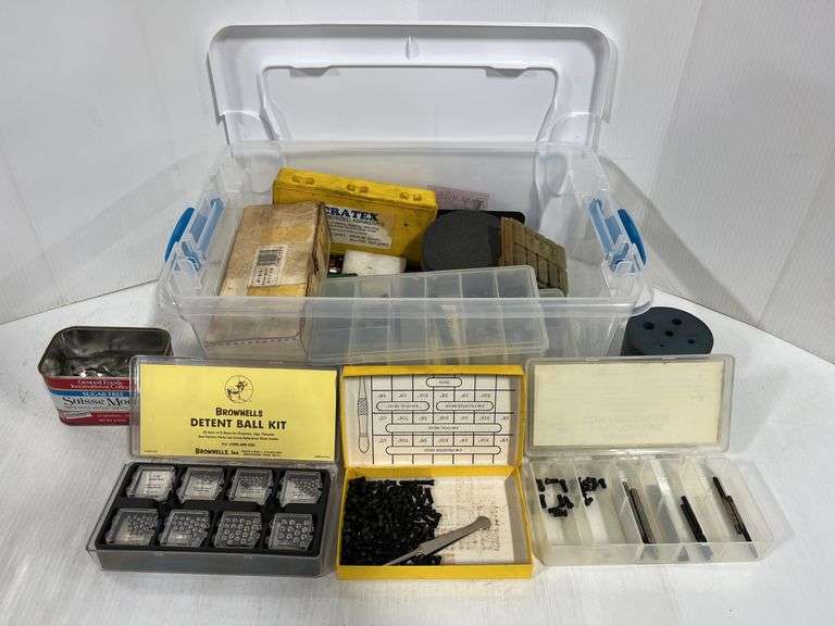 Tote of gunsmithing tools, include: Brownells detent ball kit, scope ...