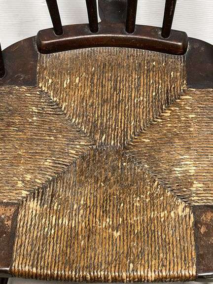 Antique wood and rope bottom spindle back chair, 17"W x 17" seat ...