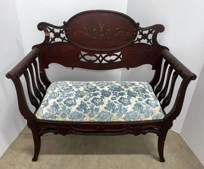 Antique Victorian style ornate settee/bench with floral blue and white ...