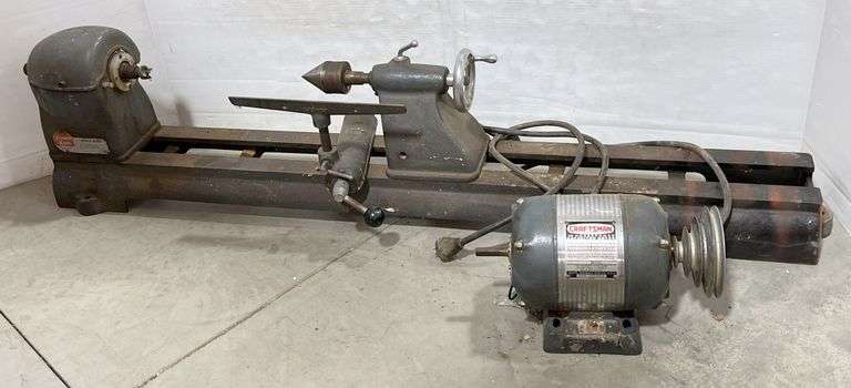 Power King wood lathe, 1940s model with a Craftsman drive motor, 53"W ...