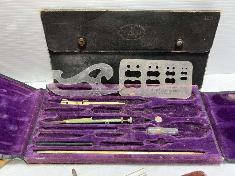 Large collection of older engineering scales, brushes, and tools, up to ...