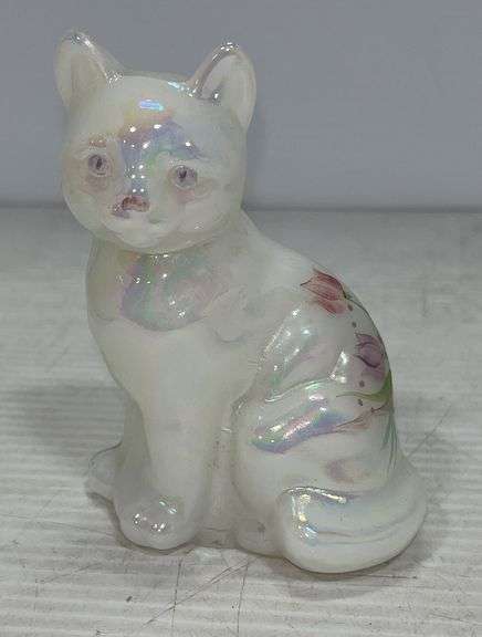 Fenton hand painted glass cat with tulips, 3 3/4"H, rough left ear ...
