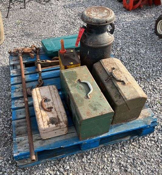 Pallet of tools; Coleman Grill; Pipe Bender; Milk Jug; Chain Binder ...
