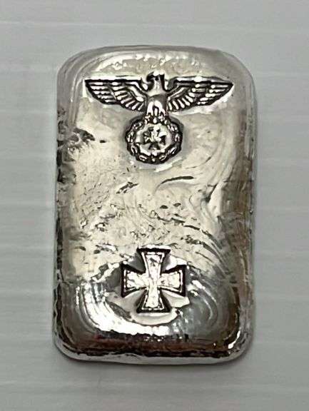 1 oz. poured silver bar, eagle and cross design, .999 fine silver, 31 ...