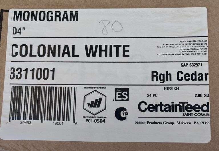 (8) Sq. ft. of Monogram colonial white D4 siding - Albrecht Auction Service