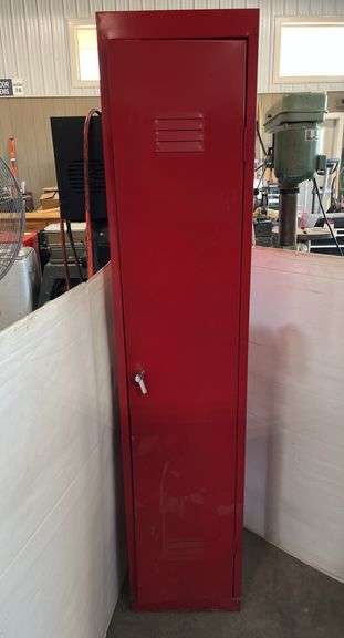 Red metal locker with contents inside, 15"W x 18"D x 72"H, damaged ...