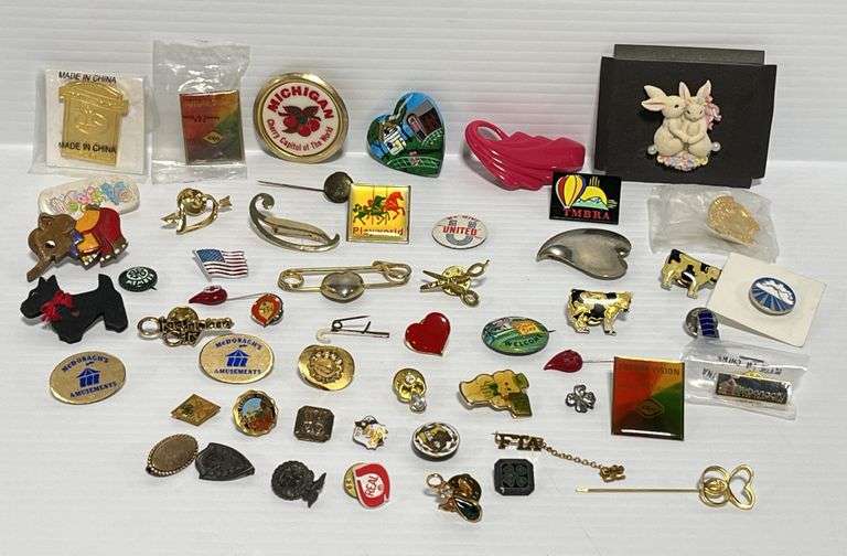 Older pins, some handmade, some marked, assorted styles and varieties ...