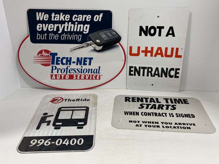 (4) Various heavy duty metal signs, up to 24"W, some marks - Albrecht ...