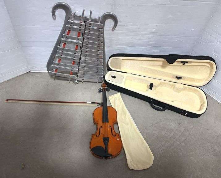 Older marching xylophone, 36"L; Violin with book and case, 23"L, both ...