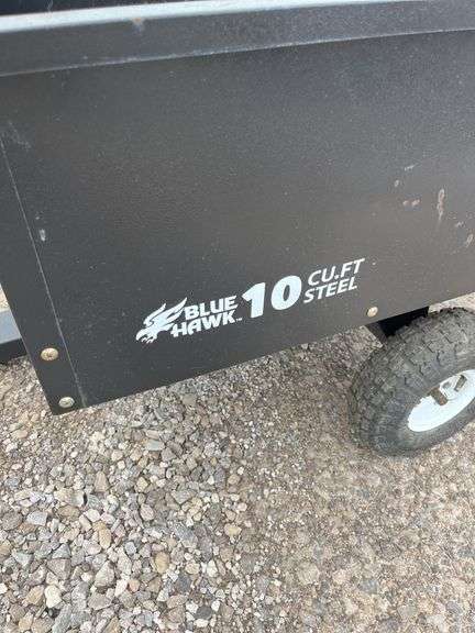 Blue Hawk yard cart, tilt tub, removable gate, tires aired up, stores ...