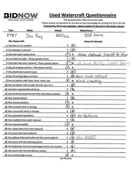 1987 Sea Ray 25' boat, 96" beam x 32" draft, HIN: SERM9794B787, runs ...