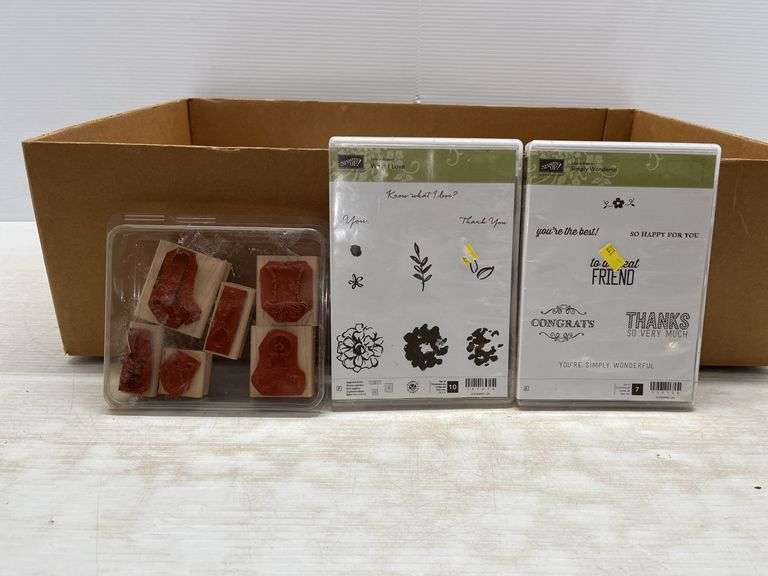 Rubber stamps, ink, and many different styles/sizes, cases- up to 7 1/2 ...