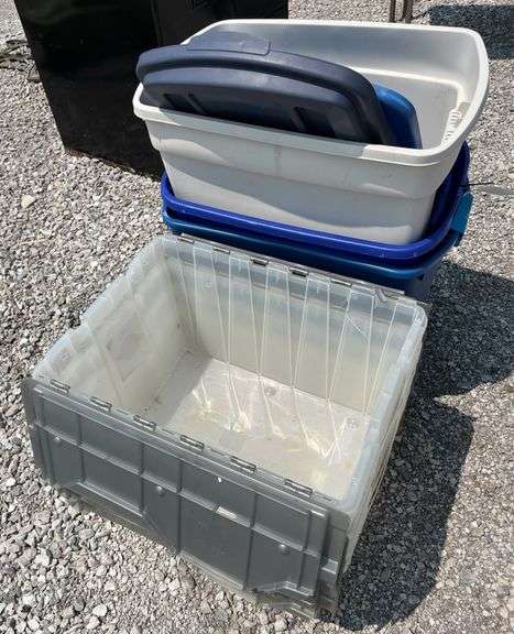 (7) Plastic totes with lids, includes: 4- Folding top 12-gallon totes ...