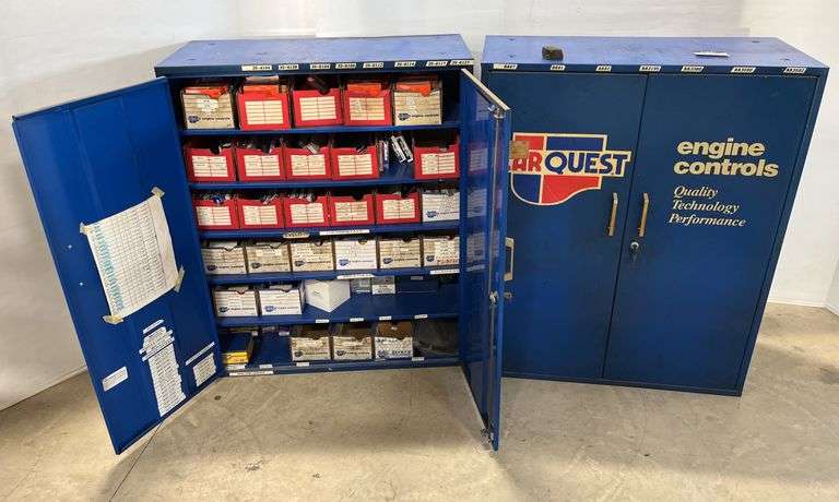 (2) Carquest locking tool cabinets with keys, includes various car ...