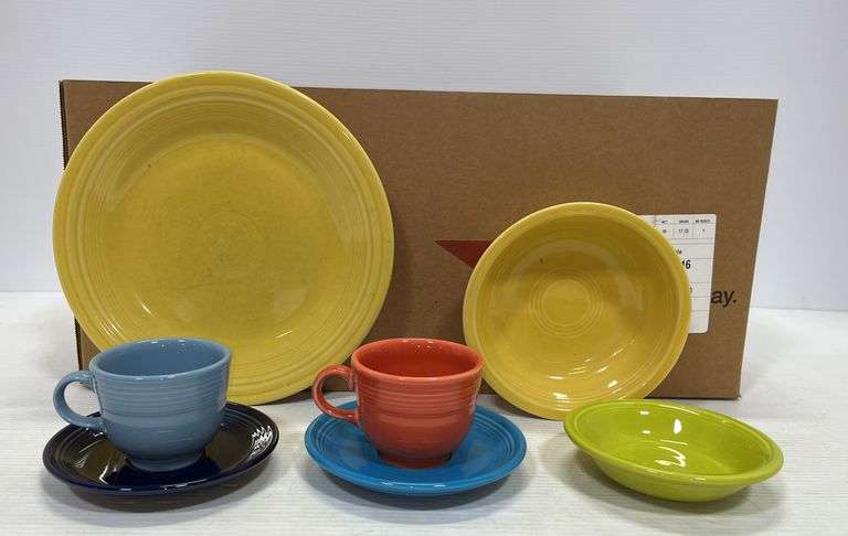 Various Fiestaware plates, cups, and bowls, up to 10 1/2"Dia, have some ...