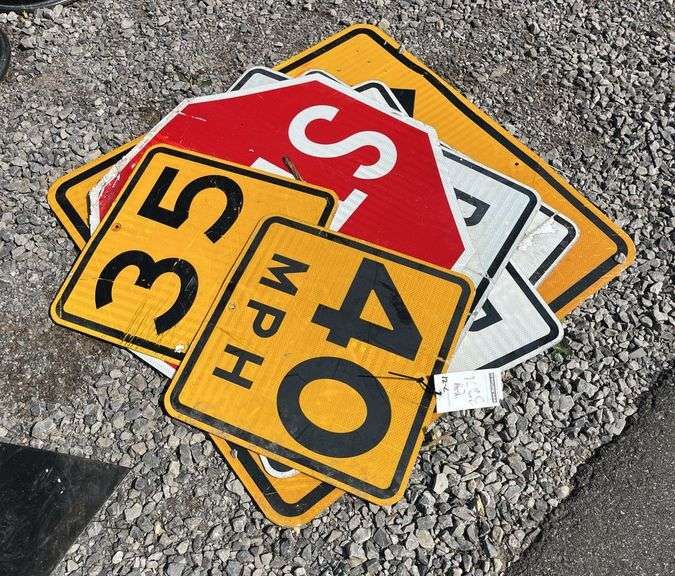 (7) Various street signs, includes: 3- Pass with Care, 40 MPH, 35 MPH ...