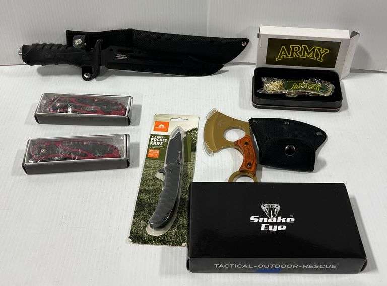 Knives and mini hatchet, includes: (2) Red master USA folders, Army ...