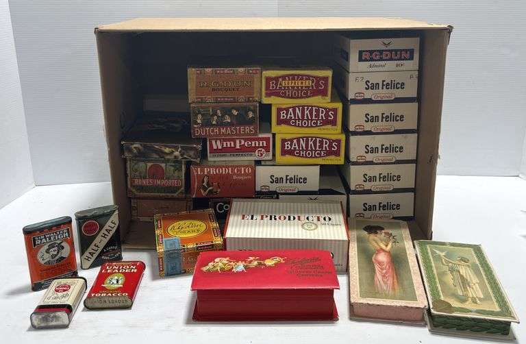 (20) Cigar boxes, some antique, some newer, 2- Wooden, 3- Tobacco tins ...