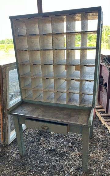 Antique post office cubby table, oak, from Flint, name marked Otto ...