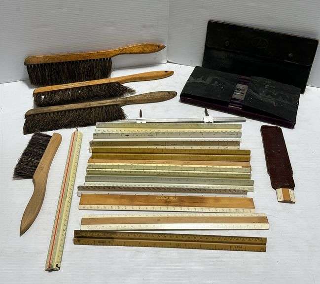 Large collection of older engineering scales, brushes, and tools, up to ...