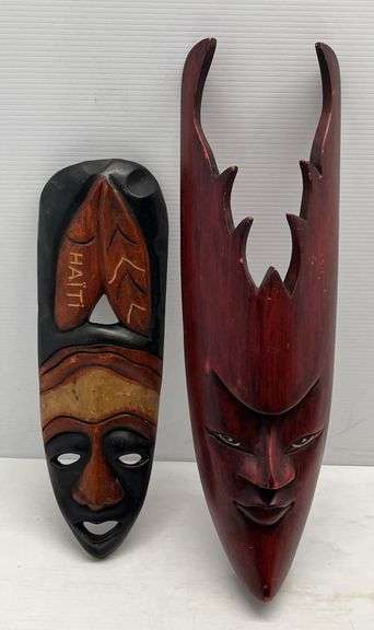 (2) Hand carved wood masks from Haiti, up to 20"L, have wear - Albrecht ...