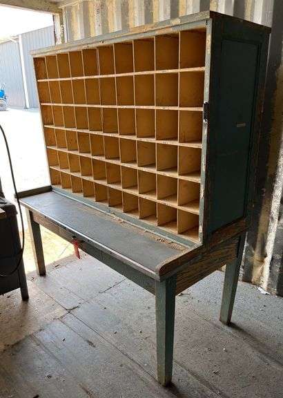 Older oak post office cubby table, 64" x 31 1/2" x 70" - Albrecht ...