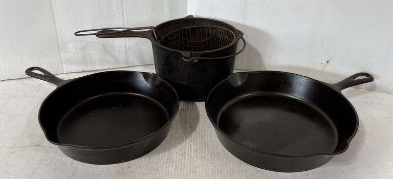 (3) Cast iron pans, include: 1- Erie no. 8, 10"W, good; 1- Wapak no. 7 ...