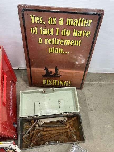 Crate of various tools, tackle box, sign, and more, fair - Albrecht ...