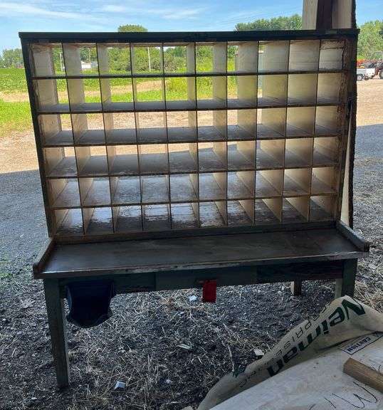 Antique post office cubby table, oak, 64"W x 31 1/2"D x 70"H, some ...