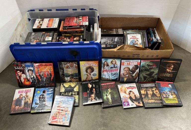 Various DVDs in a box and a tote, used - Albrecht Auction Service