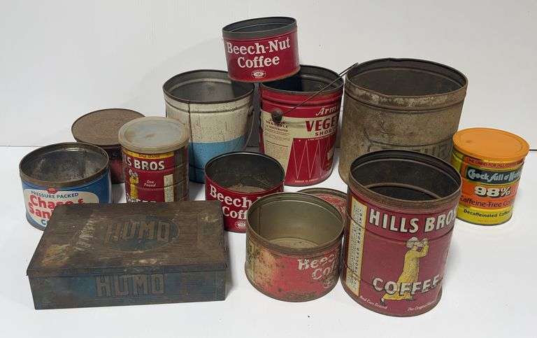Very old tin cans, includes: Humo, Oscar Mayer lard, White House Coffee ...
