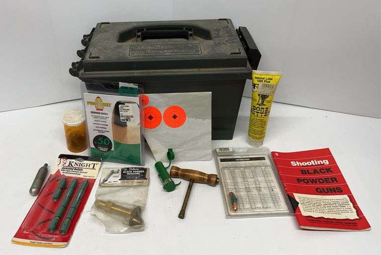 Plastic Ammo Box with Various Black Powder Items, Includes: Bullets ...
