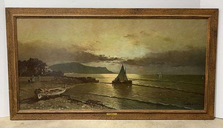 A. Torrielli moonlight fisherman's village artwork, 53"W x 23"H ...
