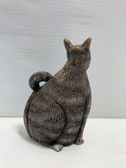 Older Marsha McCarthy signed cat figurine, bronze silver brushed resin ...