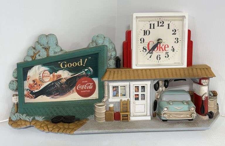 1990 Burwood Coca-Cola garage service gas station wall clock, 22" x 11 ...