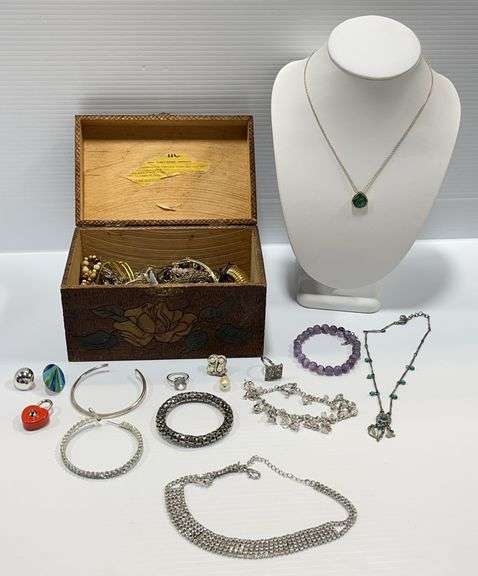 Rings and unsearched older jewelry in a box, 7"W x 4 1/2"D x 4"H ...