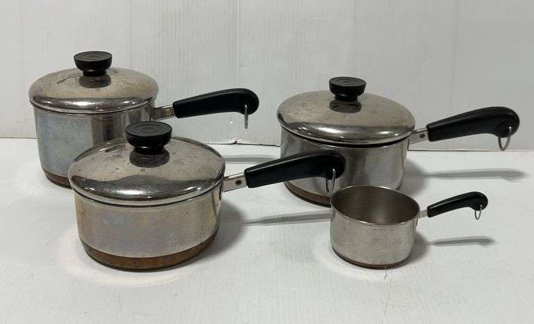 (4) Revere Ware pots, includes: 3- Saucepans with lids, and 1- One-cup ...