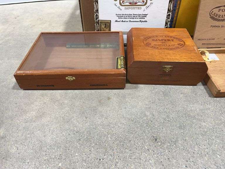 Antique wooden cigar boxes, many different styles and sizes, up to 11 1 ...