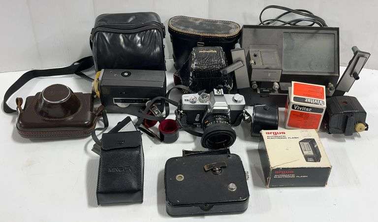 Antique cameras, video recorders, and binoculars, up to 9 1/2"L ...