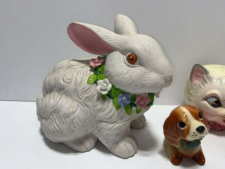 Animal figures, includes: Rabbits, wall mount cat head, metal elephant ...
