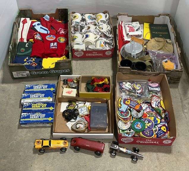 (7) Boxes of Boy Scout/Cub Scout memorabilia, includes: Pinewood Derby ...