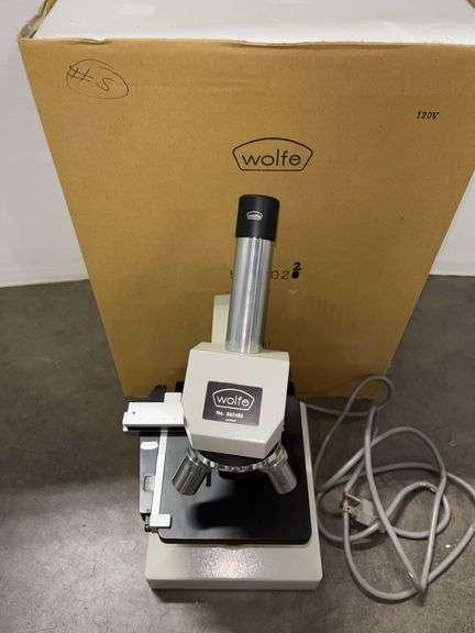 Wolfe model microscope, box- 17"H - Albrecht Auction Service