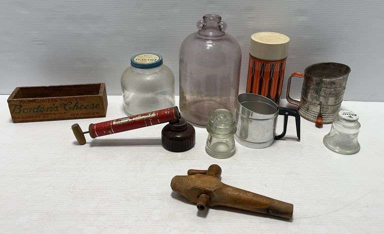 Crisco jar, Borden's cheese box, antique bug sprayer, older thermos ...